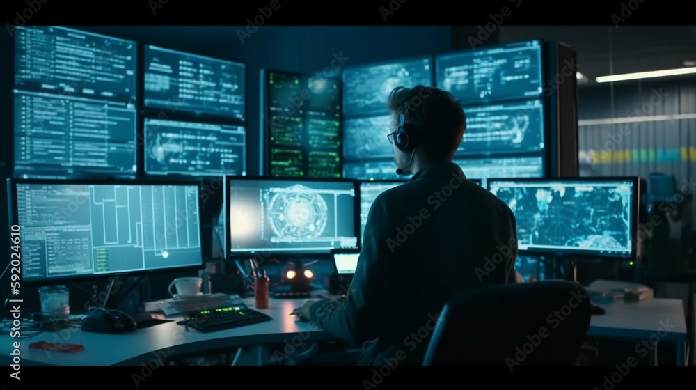 Vigilant Cybersecurity Specialist: Man Scanning Multiple Screens to Detect Threats and Protect ...