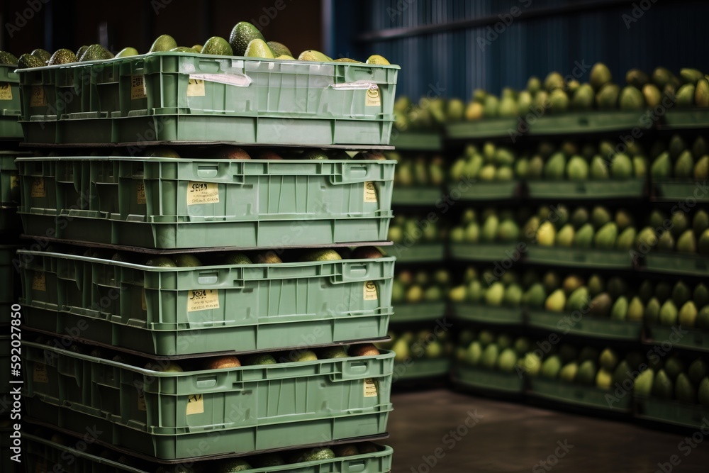 a large stack of green bins filled with bananas and other fruit in a ...