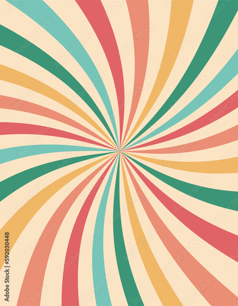 Groovy 70s background with twisted sunburst. Set of vintage sun retro ...