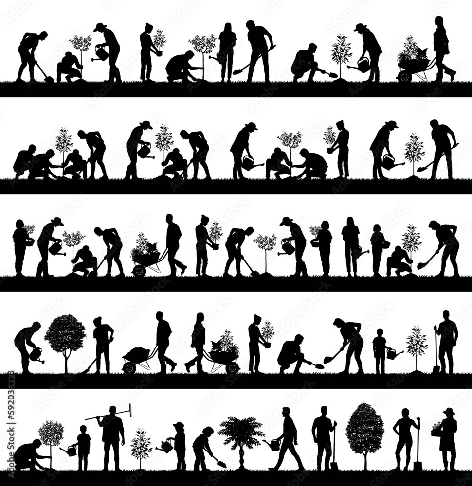 People planting trees various poses silhouette set collection. Family ...