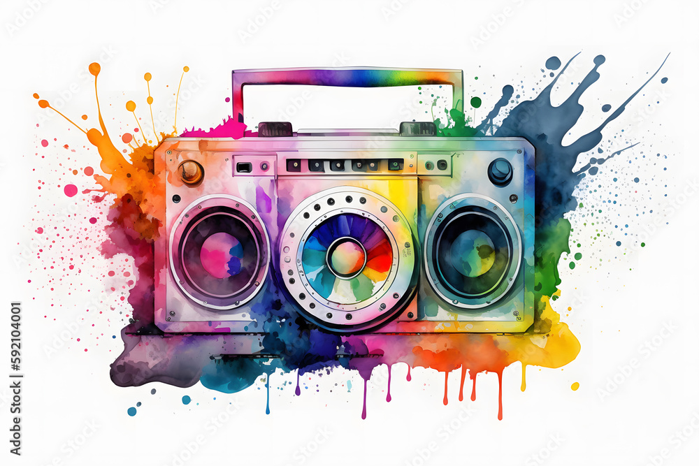 Retro ghetto blaster isolated on white with rainbow watercolor splash ...