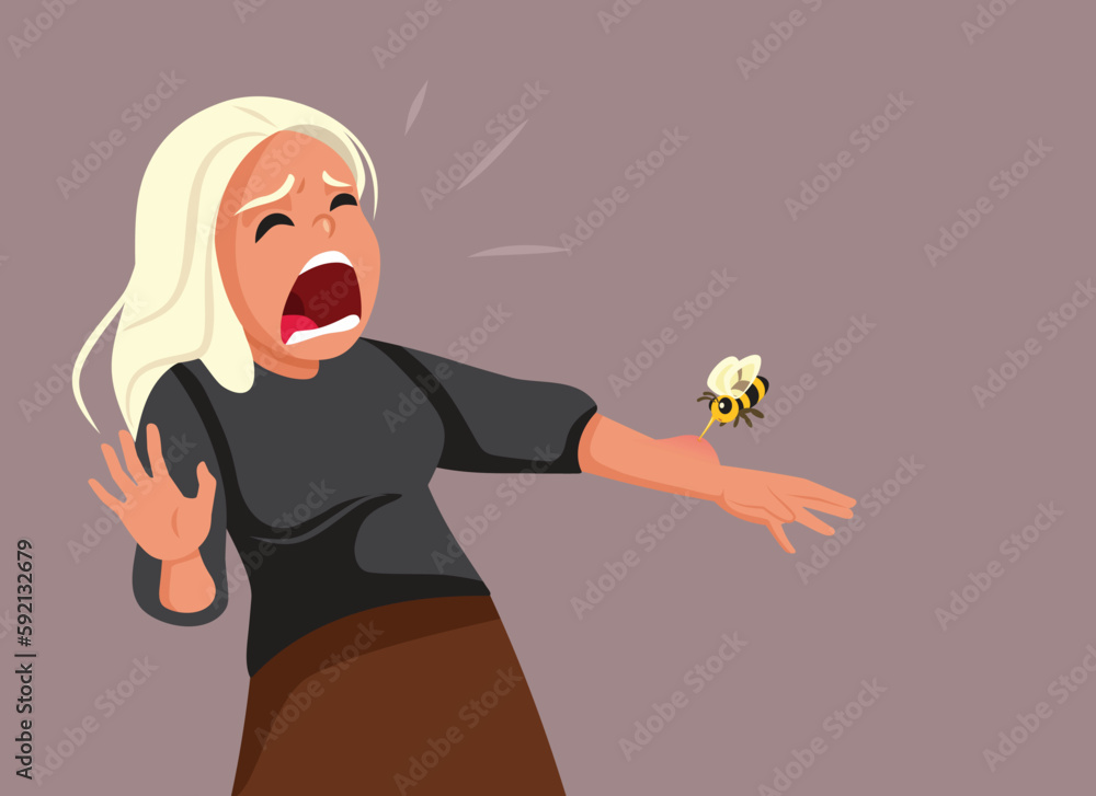 Woman Allergic to Bees Being Stung by One Vector Cartoon. Scared girl ...