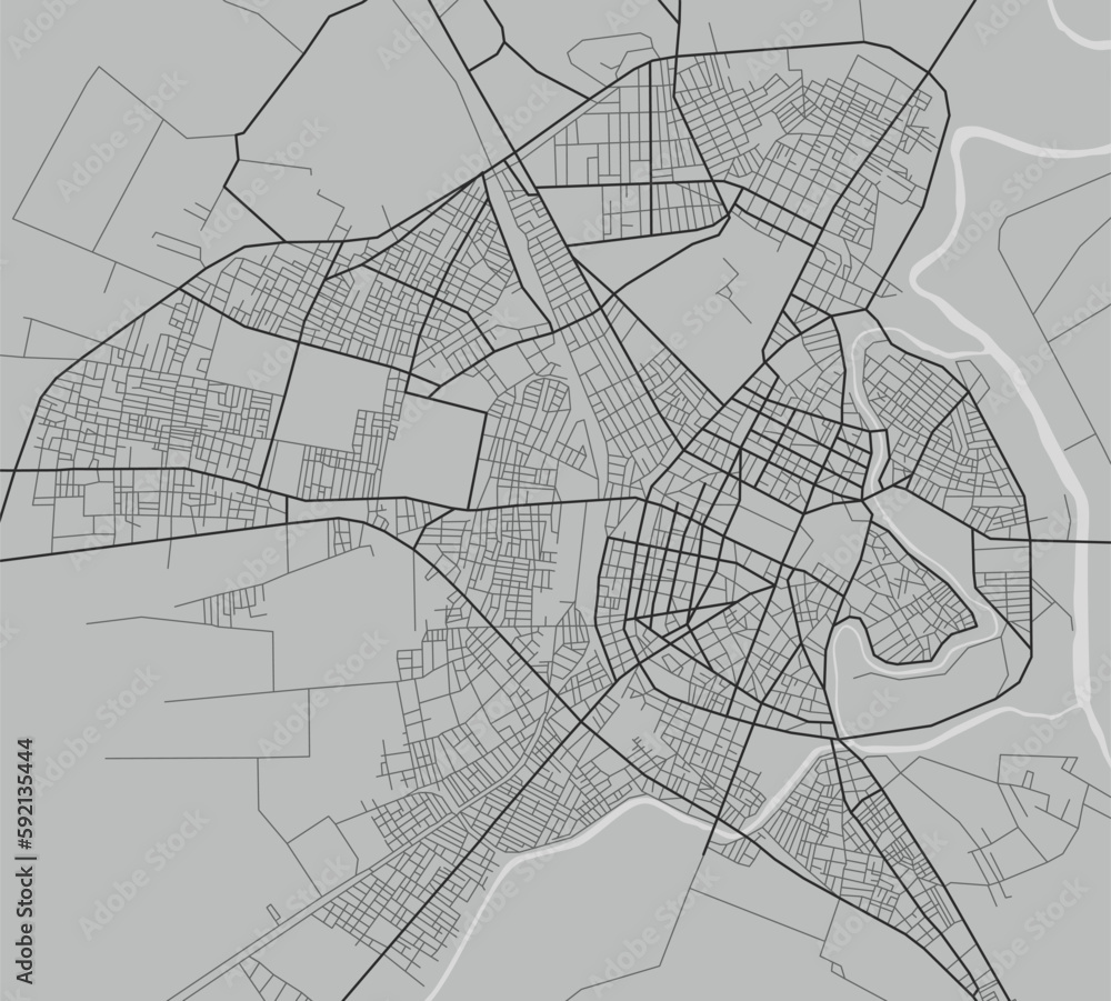 Larissa city with highways, major and minor roads, town footprint plan ...