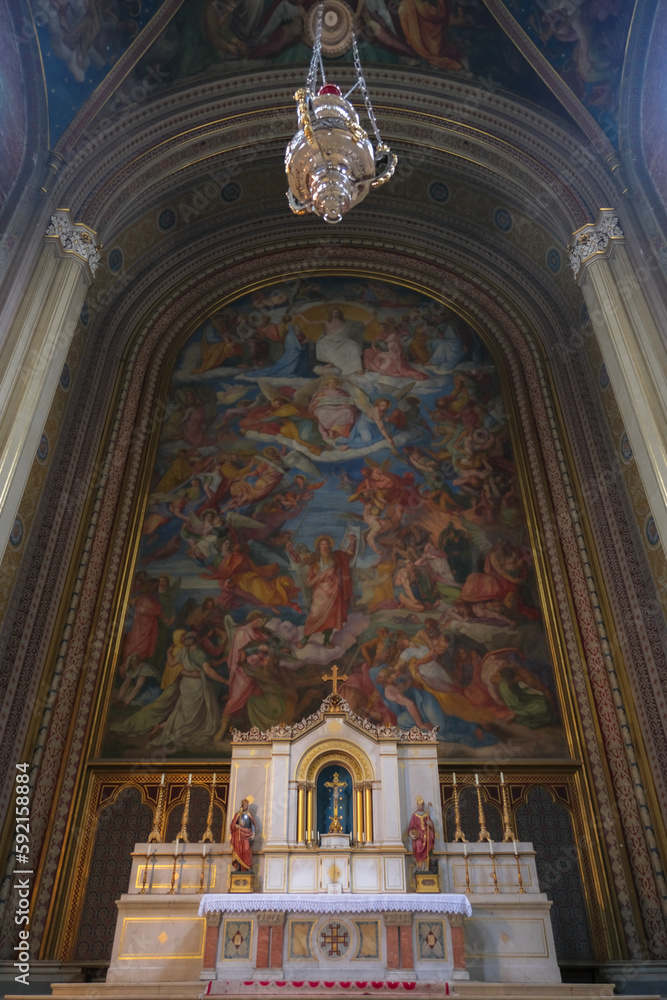 Monumental church building in Gothic in neo-romanesque arch style with ...