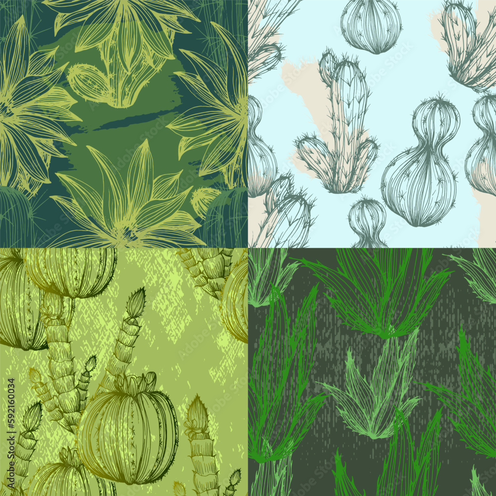 Vector seamless pattern with different cactus. Bright repeated texture with green cacti. Natural ...