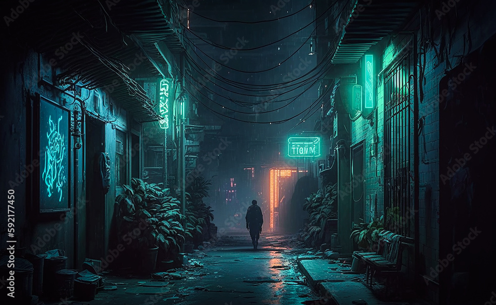 Cyberpunk Alley. Generative AI. A digital painting of a grungy alley in ...