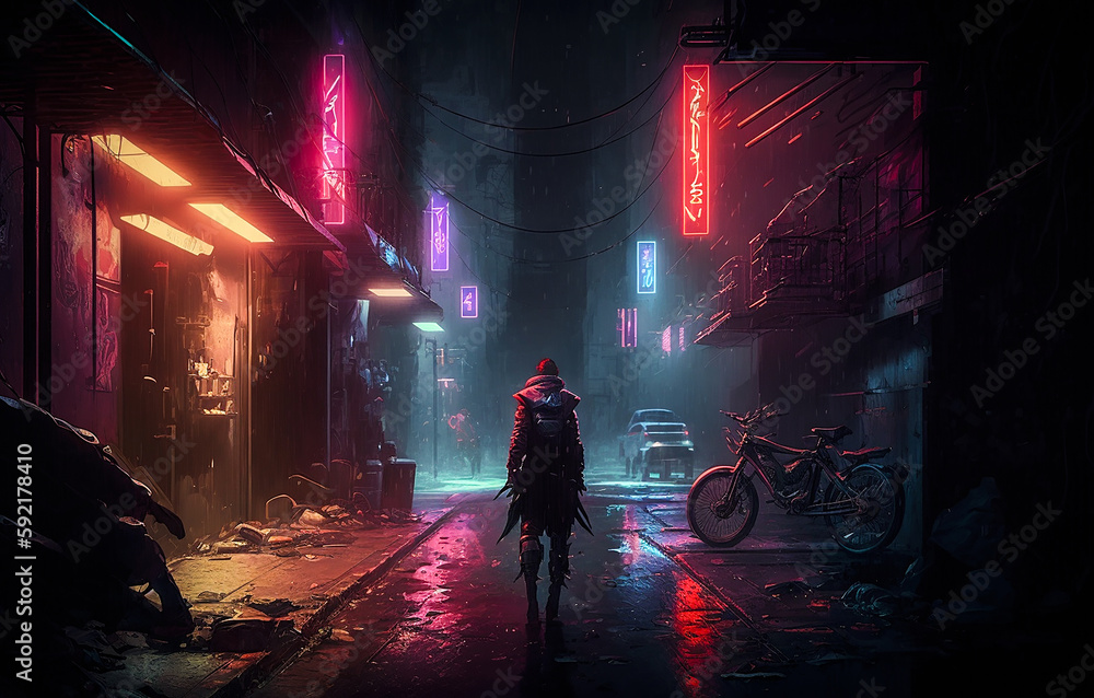 Cyberpunk Alley. Generative AI. A digital painting of a grungy alley in ...