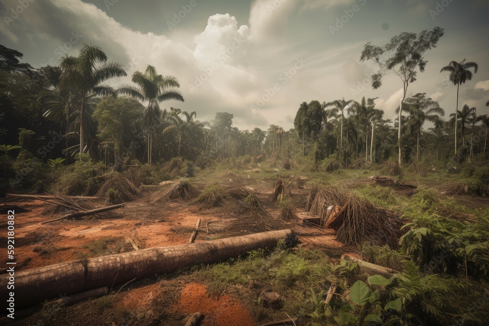 Ilustración de Stock deforestation and habitat destruction in a tropical rainforest, with trees ...