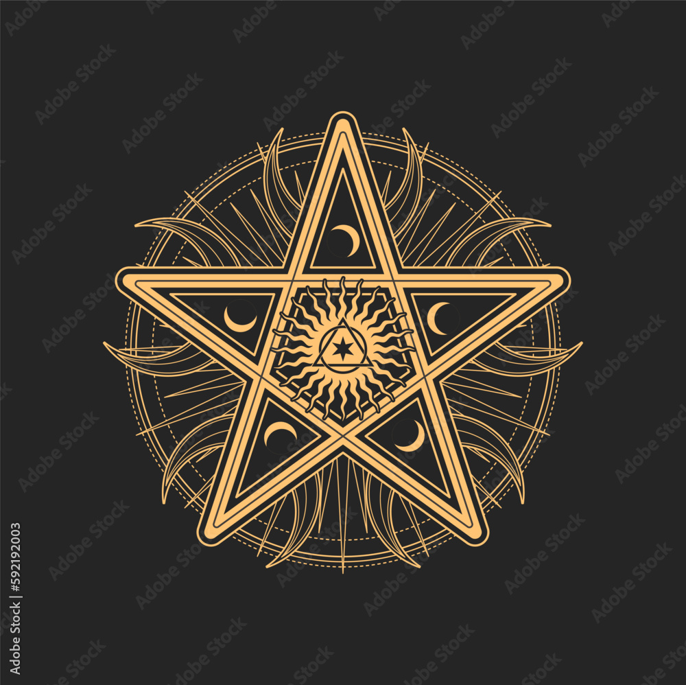 Vetor Pentagram spiritual symbol, isolated amulet with mysterious signs ...