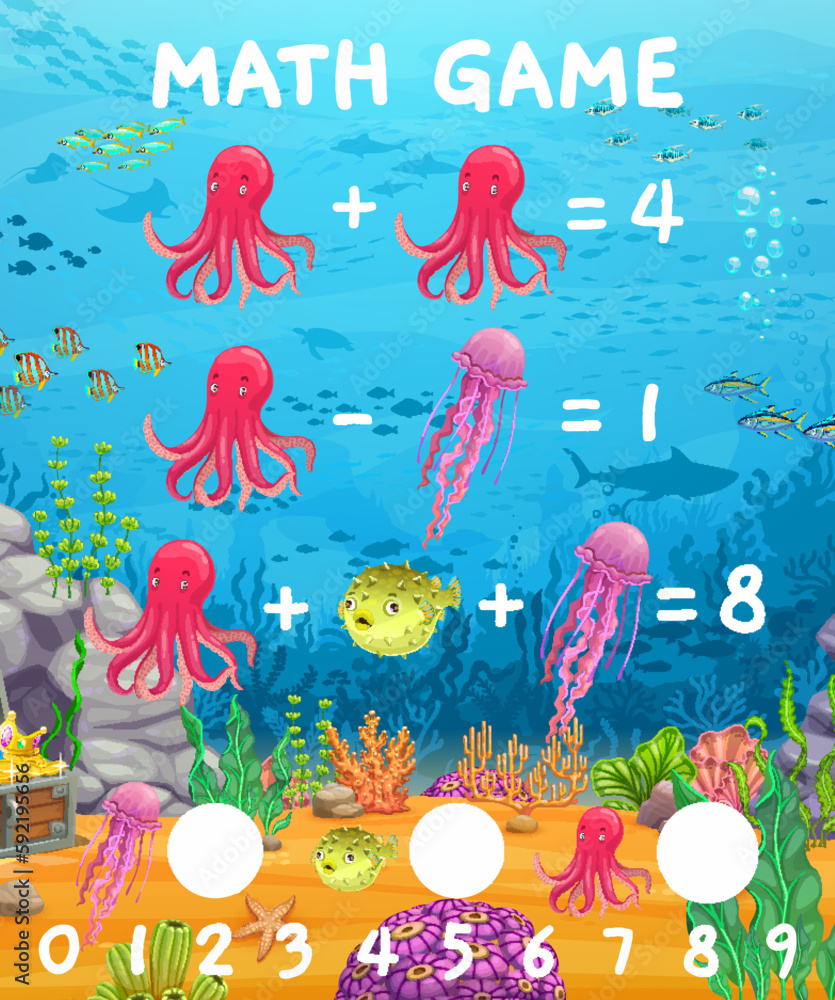 Math game worksheet cartoon sea animals and fish. Vector arithmetic ...