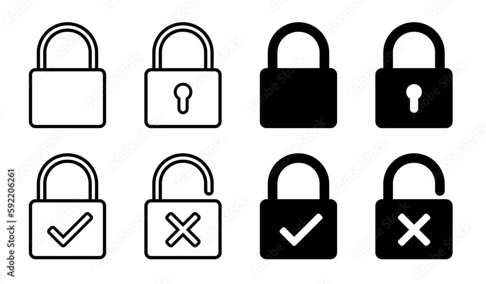 Lock icons with keyhole checkmark and cross unlocked. Symbol of private ...