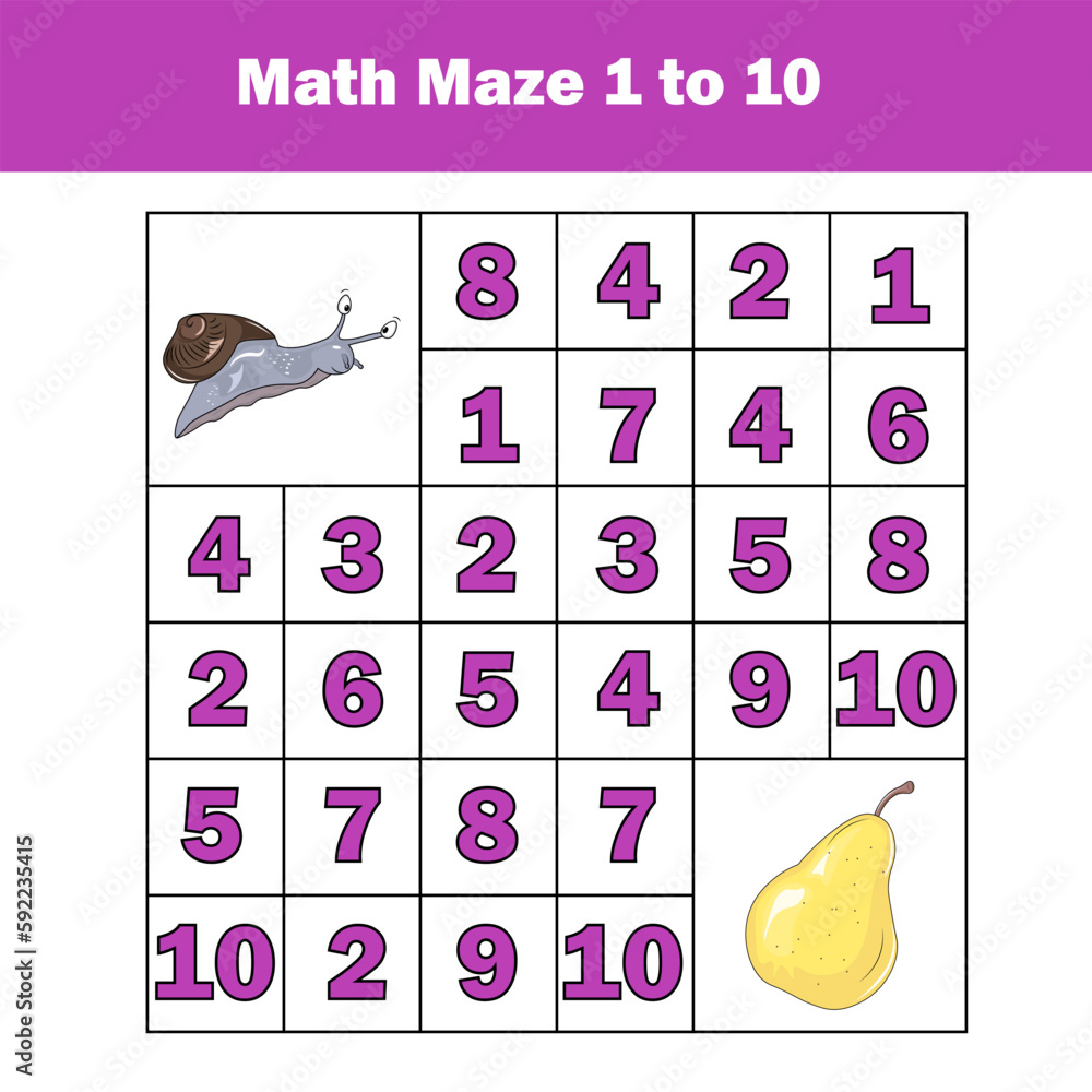 Maze game. Mathematics labyrinth with numbers. Counting from one to ten ...
