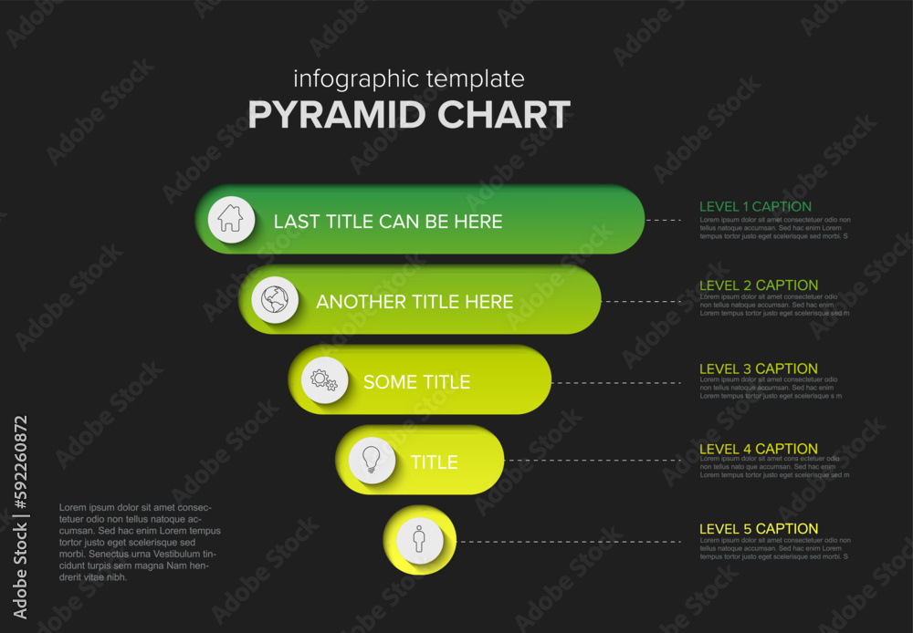Vector green Reverse Infographic Pyramid funnel five stripes chart ...