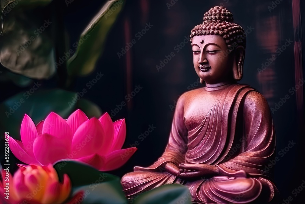 Bouddha dans le bouddhisme est assis sur un beau lotus rose. Gautama ...