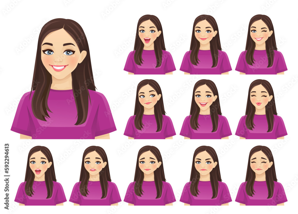 Young cute woman with long hair different facial expressions set ...
