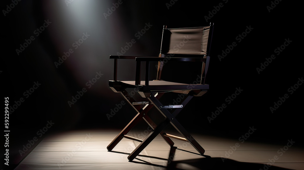 The director's chair stands in a beam of light with an backlight in ...