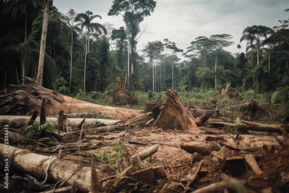 deforestation and habitat destruction in a tropical rainforest, with ...
