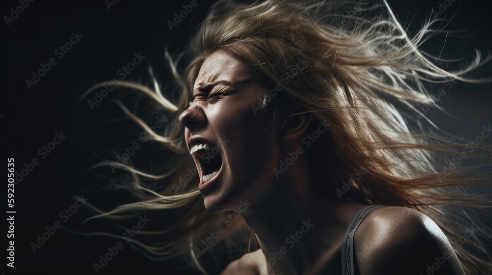 Woman in agony screaming aggressively. Mental health awareness month ...