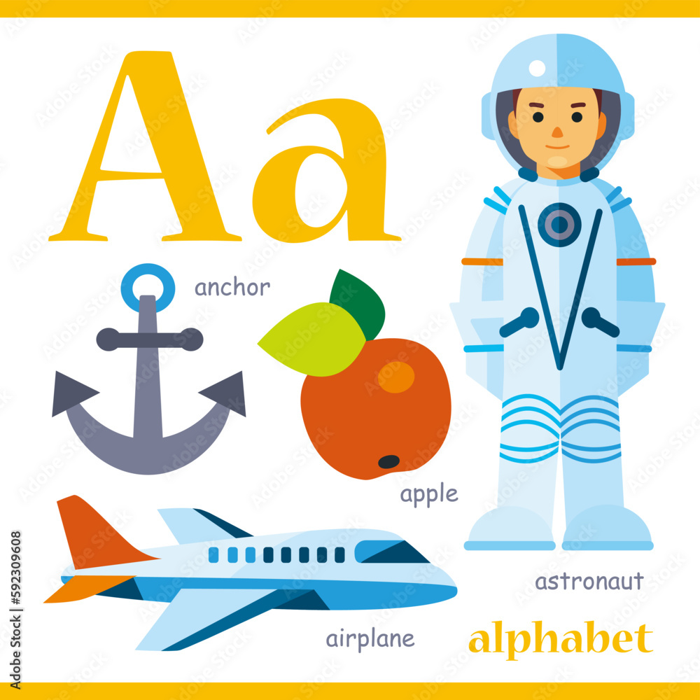 Alphabet letter A with cartoon vocabulary illustration: astronaut ...