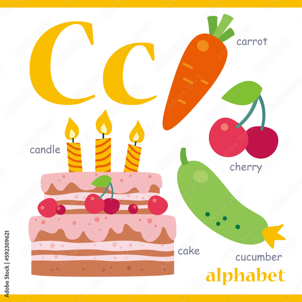 Alphabet letter C with cartoon vocabulary illustration: carrot, cherry ...