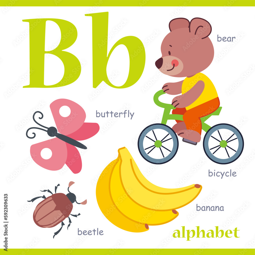 Alphabet letter B with cartoon vocabulary illustration: bear, butterfly ...