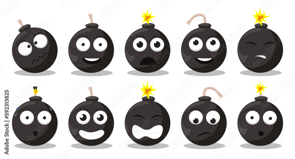 Cartoon bomb emotions set. Doodle explosive round weapon mascot with ...