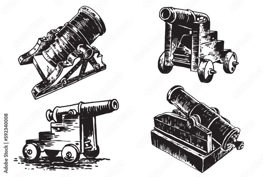 Graphical set of guns, a type of artillery piece isolated on white ...