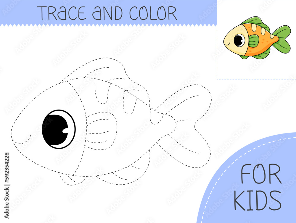 Trace and color coloring book with fish for kids. Coloring page with ...