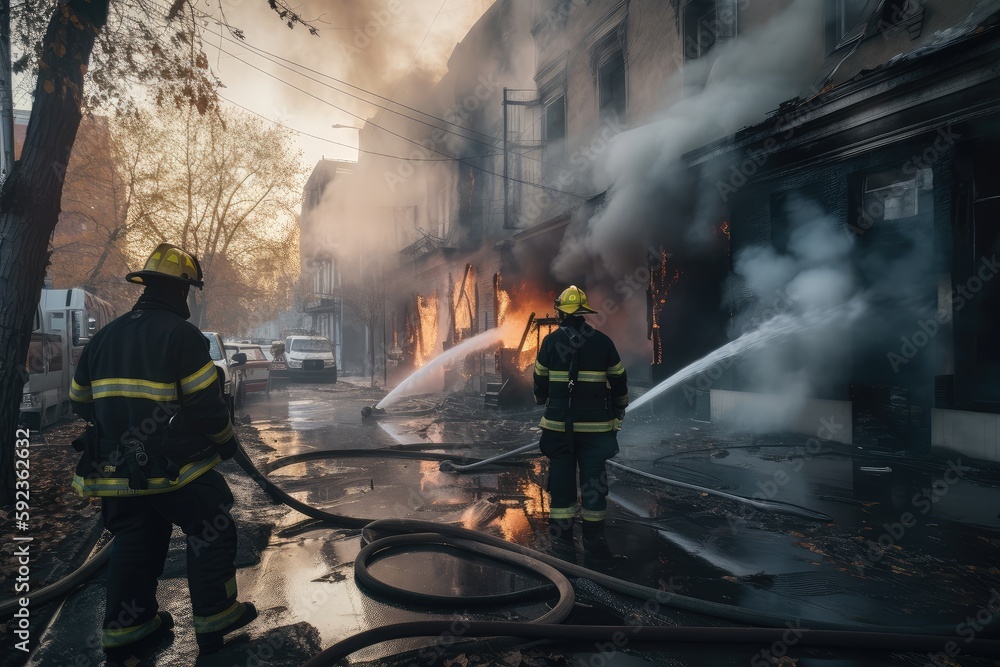 firefighters dousing flames and putting out fires in burned city street ...