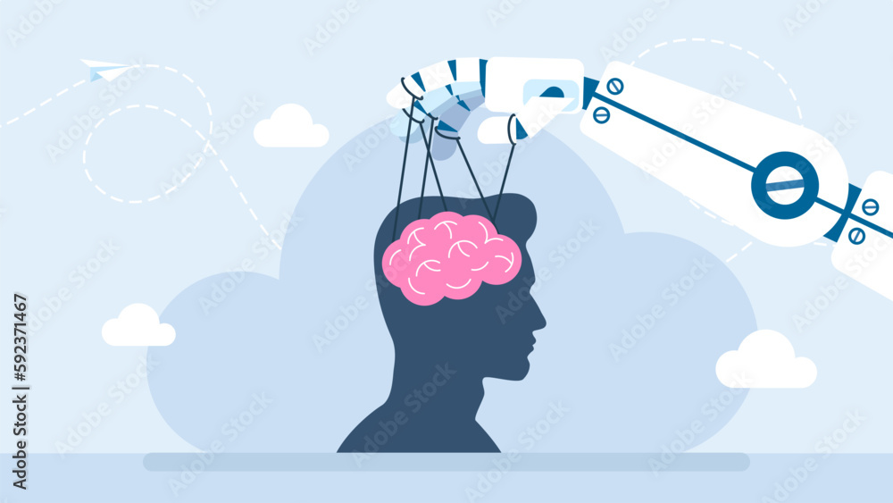 Robotic hand manipulating the human brain. Robot puppet master ...