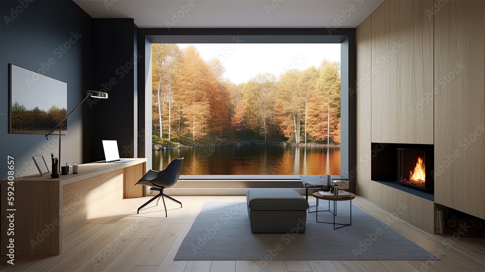 Scenic Fall lake fireplace interior room background online webinar ...