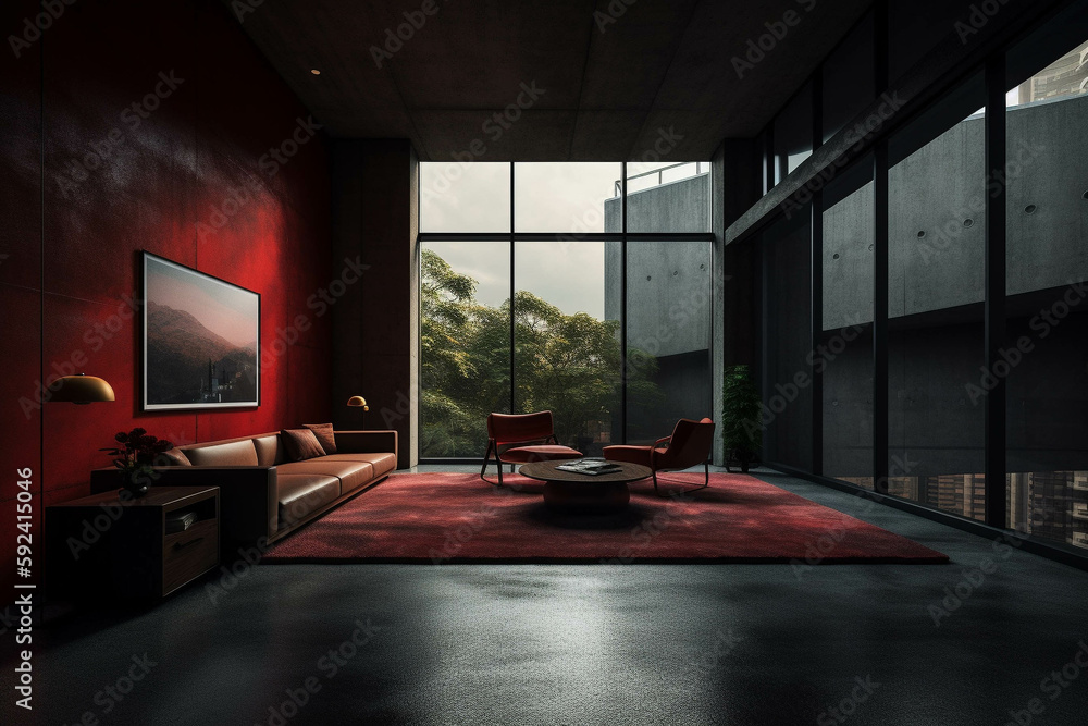 Minimalist Living room. Dark red color palette. Centered perspective ...