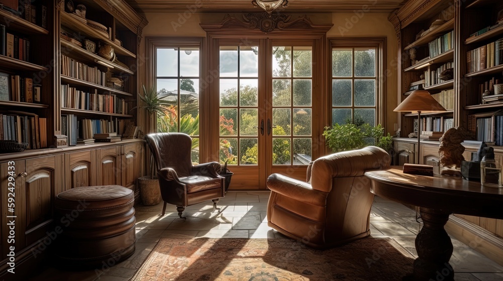 Scenic bookshelf background Online video calls webinar virtual meeting interior home office and ...