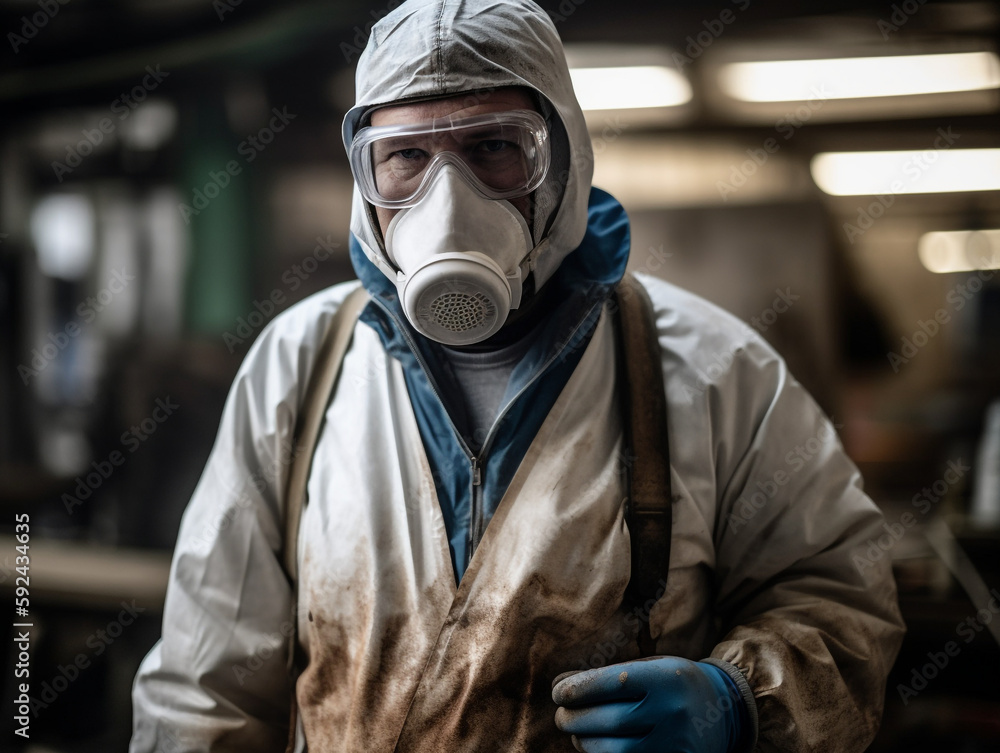 Man wearing a hazard suit and gas mask working with highly infectios ...