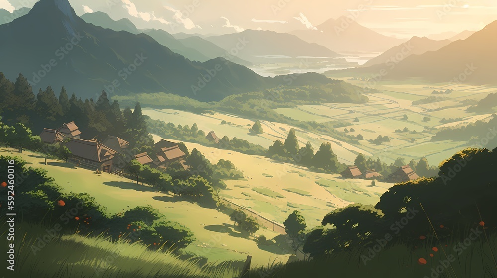 Ilustração The tranquil ambiance of a Japanese rural village is ...