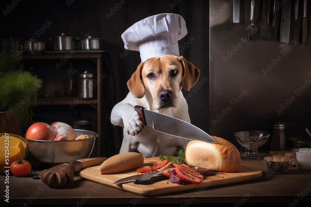 dog chef, wearing a toque and wielding impeccably sharp knife, prepares ...