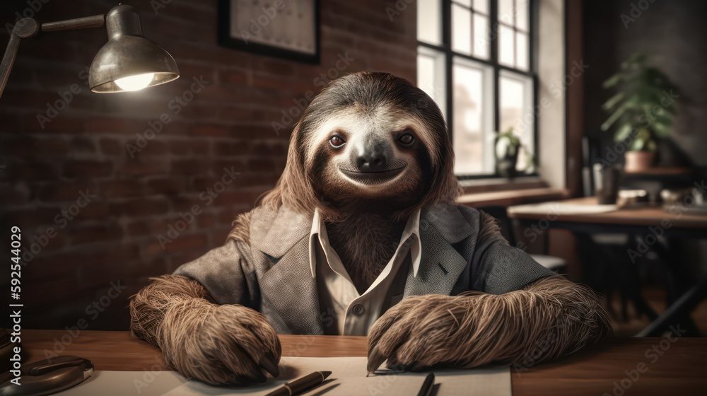 portrait of a sloth in a suit and tie, in light modern office space ...