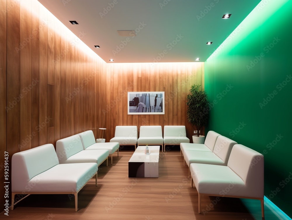 Contemporary waiting room, wood cladding, green wall, elegant white ...