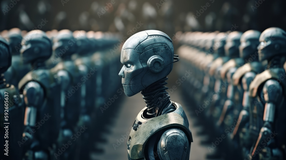 Many humanoid robots. Artificial intelligence concept. illustration. Al ...