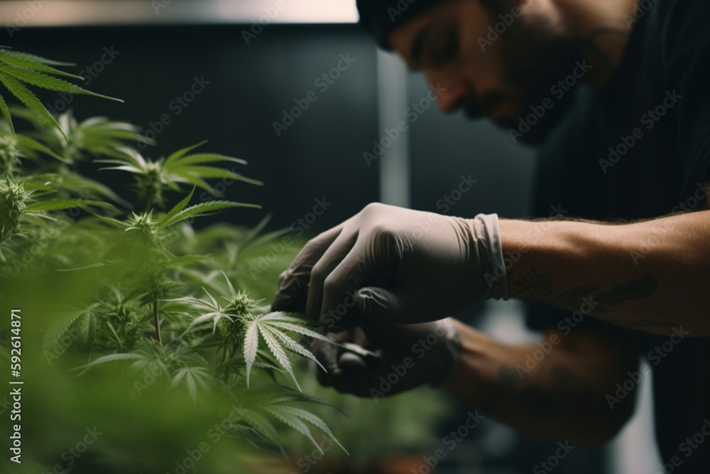 Skilled Hands Trimming Cannabis Plant in a Modern Light Industrial ...