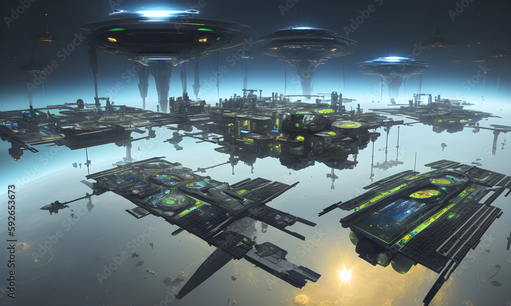 A high tech solarpunk utopia city in space with alien planets in the ...
