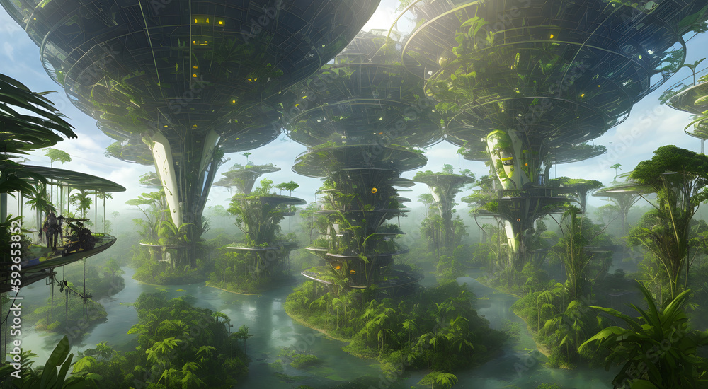 A high tech solarpunk utopia city / metropolis in the amazon in the ...
