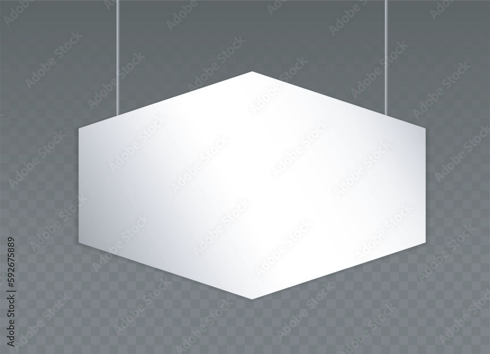 Silver hexagon empty banner hanging on ropes. Futuristic monochrome ...