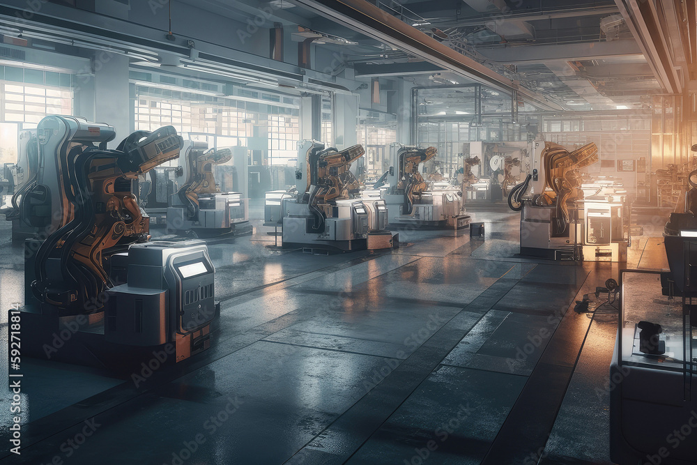 Generative AI illustration interior of illuminated spacious industrial ...