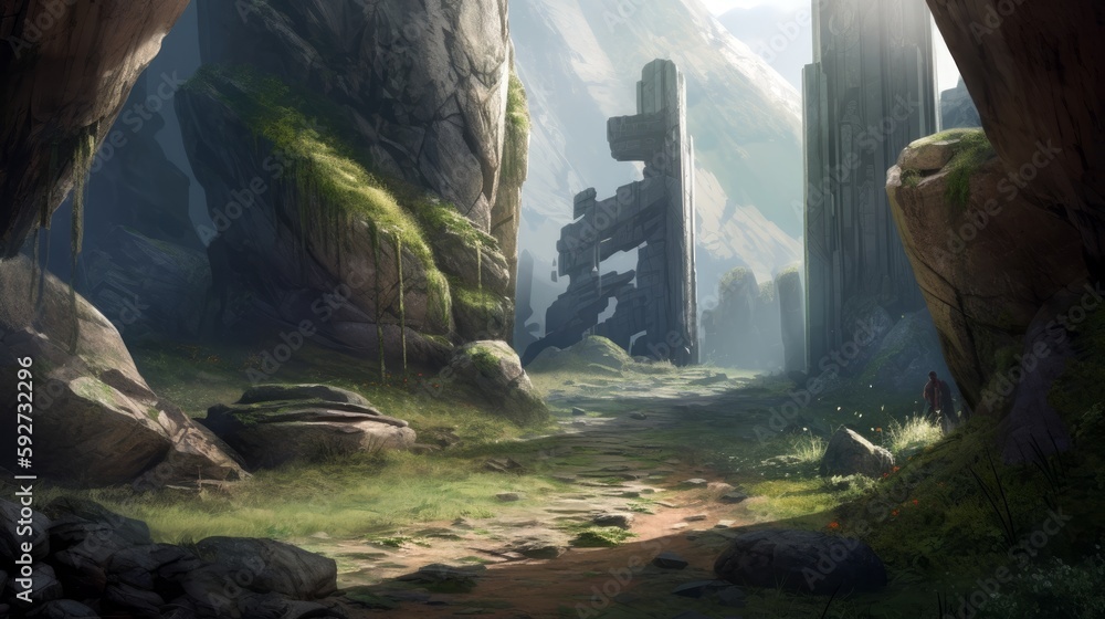 Fantasy concept digital art. A hidden valley protected by colossal ...