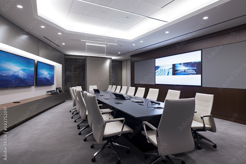 High-tech meeting room with video conferencing capabilities, interactive whiteboards, ergonomic ...