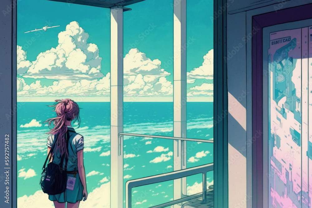 Contemplando la inmensidad del océano y del cielo azul desde un rascacielos en tokyo, fondo de ...