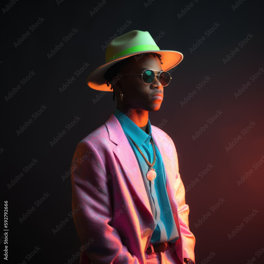 Retro 80s Fashion Black Man with Vibrant Studio Lights, Created with ...