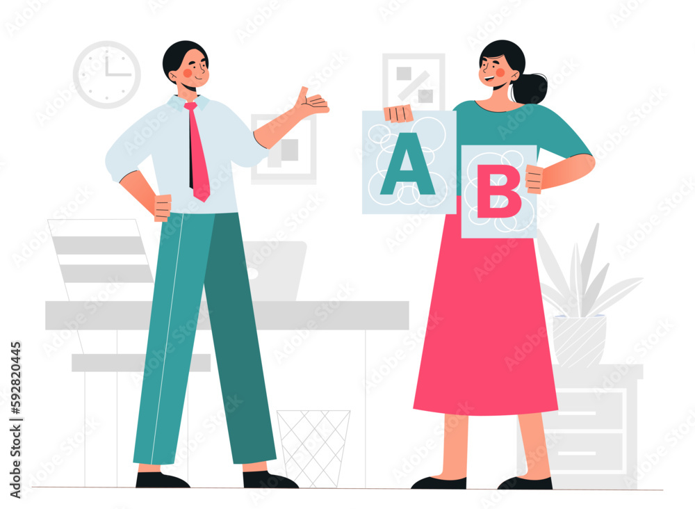Concept of choose. Woman offers man to make decision and choose between ...