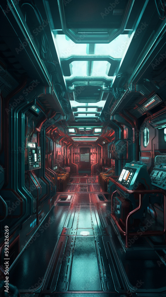 Detailed interior of futuristic spaceship, space station hallway for ...